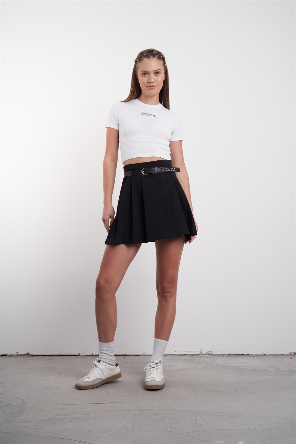 Kemer Detaylı Pileli Mini Etek Siyah - Ambar