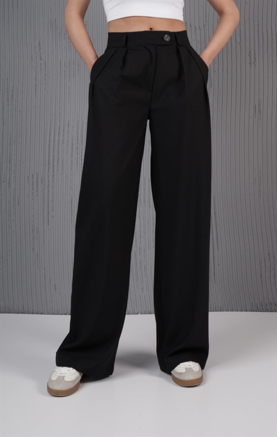 Pile Detaylı Bol Paça Pantolon Siyah - Ambar