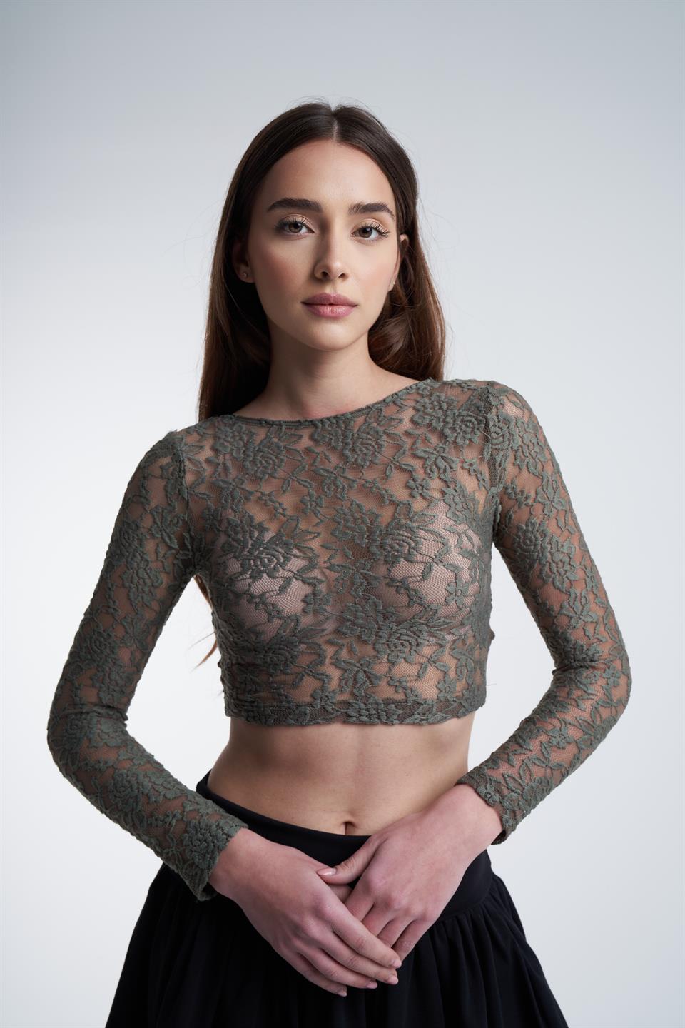 Uzun Kol Dantel Detay Crop Bluz Haki - Ambar