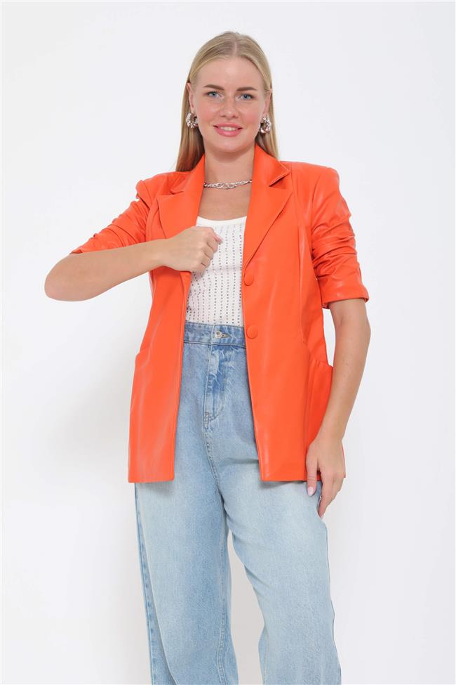 Büzgülü Yarım Kol Deri Ceket Turuncu Coral