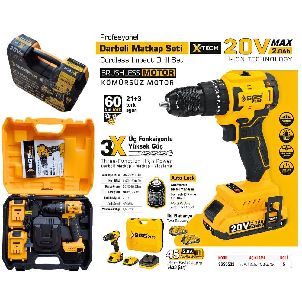 SGS Darbeli Matkap Seti 20 Volt 60Nm (2.0Ah) (Kömürsüz Motor)
