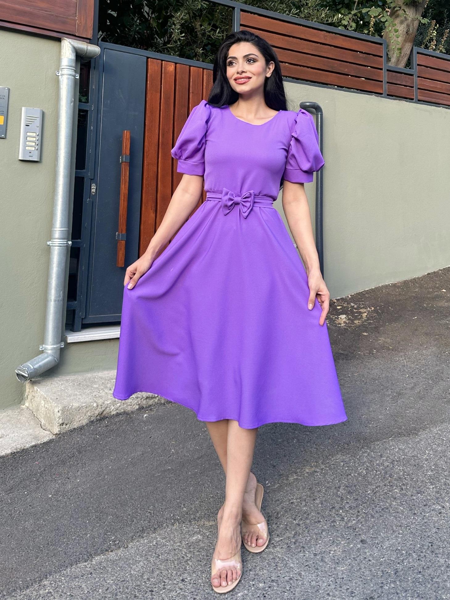 Lila Rengi Karpuz Kol Kloş Krep Elbise www.kucugumbutik.com