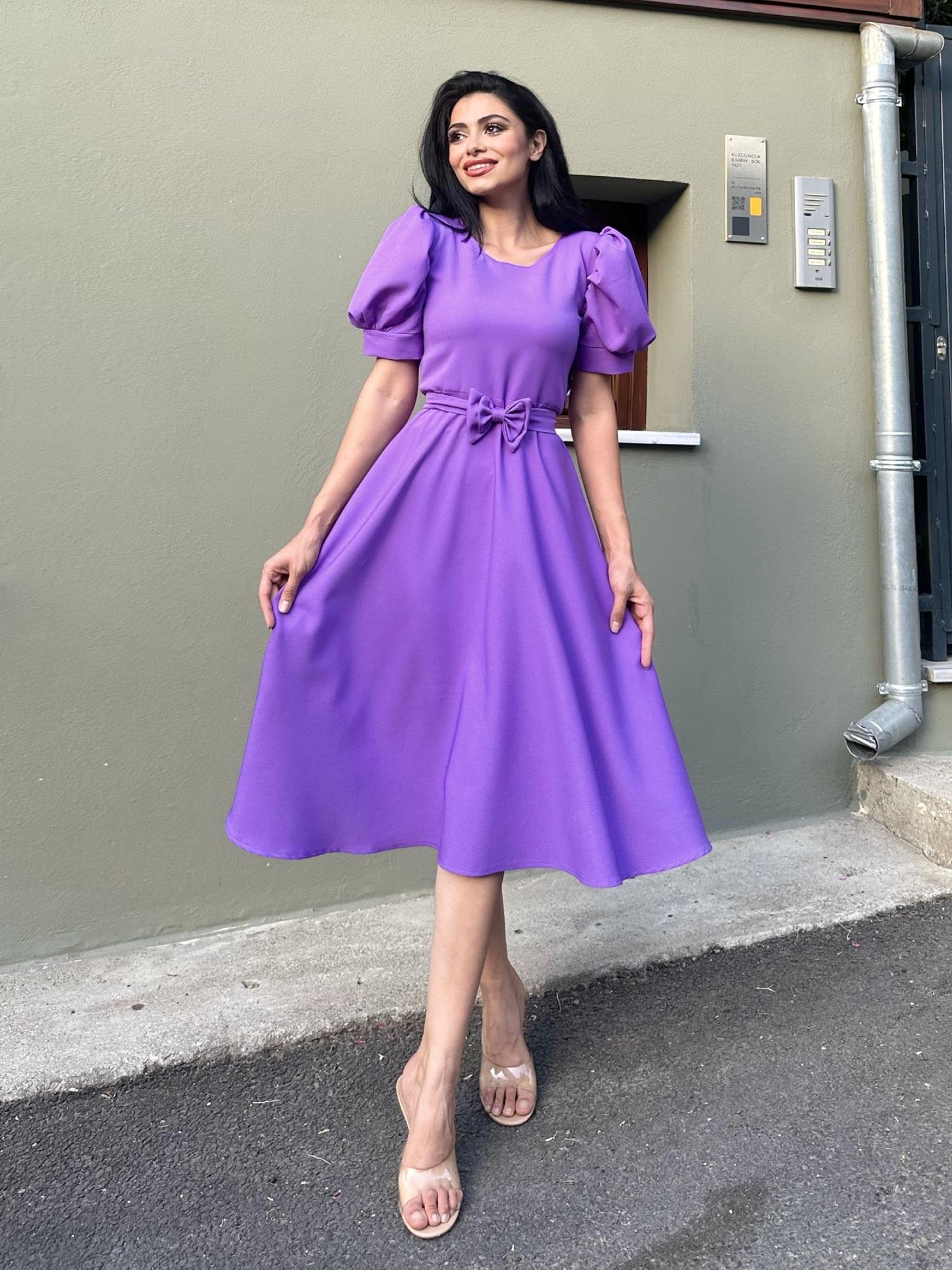 Lila Rengi Karpuz Kol Kloş Krep Elbise www.kucugumbutik.com