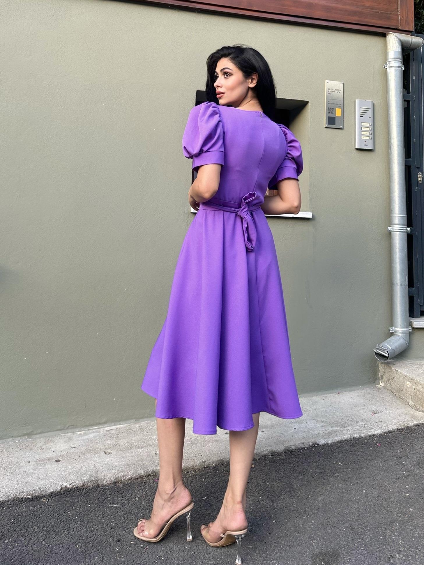 Lila Rengi Karpuz Kol Kloş Krep Elbise www.kucugumbutik.com