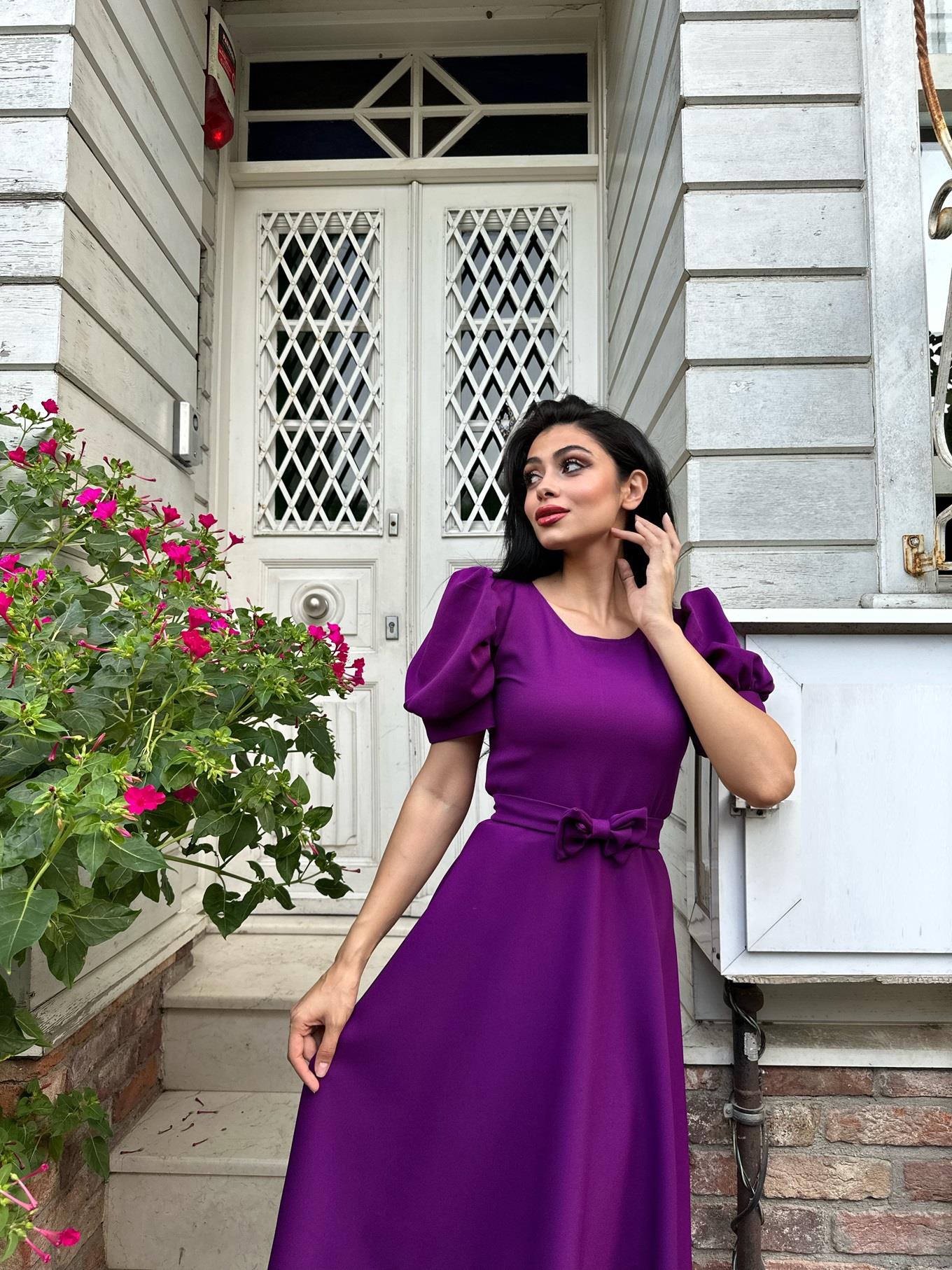 Mor Rengi Karpuz Kol Kloş Krep Elbise