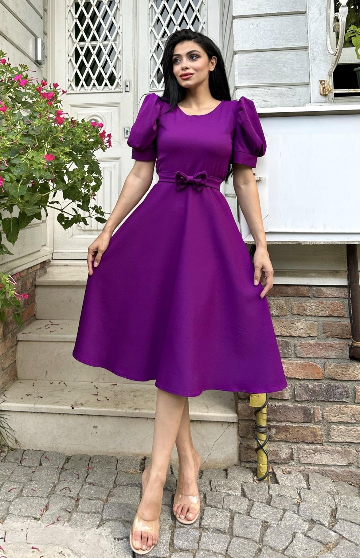 Mor Rengi Karpuz Kol Kloş Krep Elbise - Küçüğüm Butik