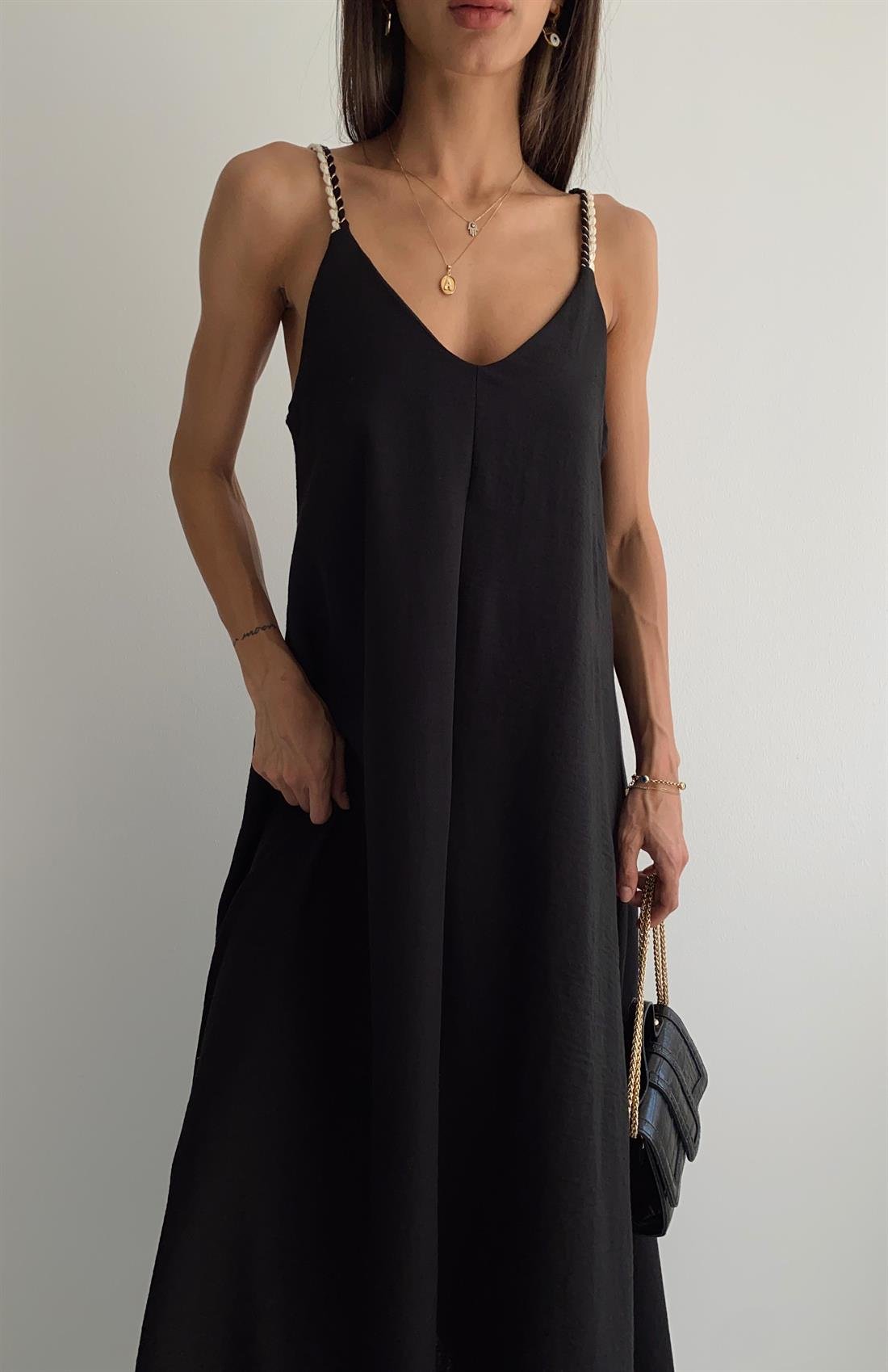 İp Askılı Keten Elbise SİYAH - Miss Rouge