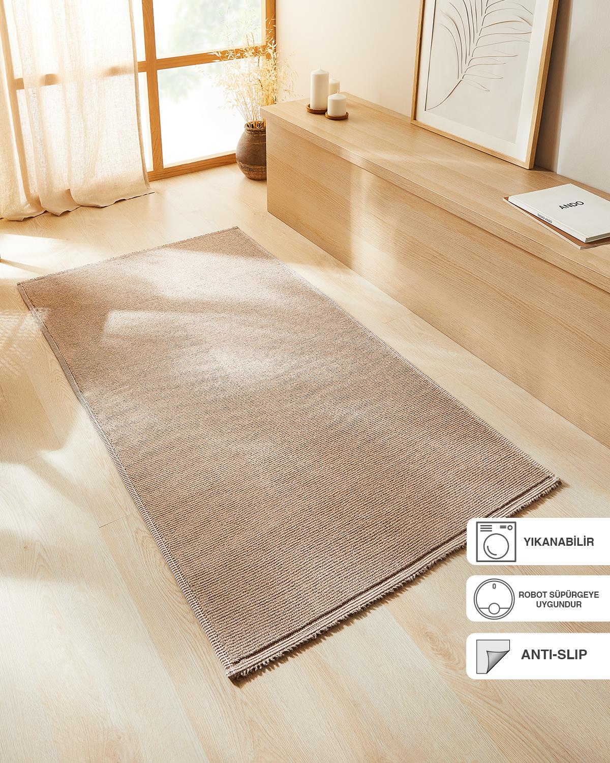 Yıkanabilir Pamuklu Bej Renk Buklet Kilim 120 x 180 cm