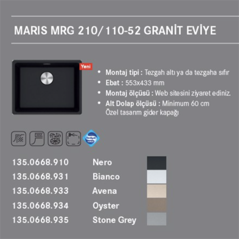 FRANKE MARİS 553 x 433 MM GRANİT EVİYE & ARMATÜR & SIVI SABUNLUK SET