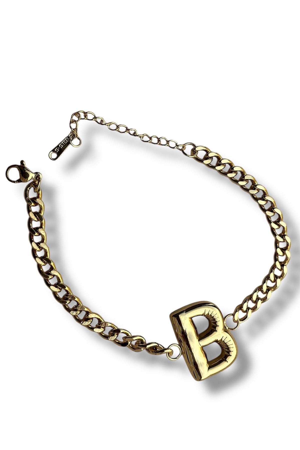 Takıştır Bijuteri Online | Altın Renk B Harf Çelik Bileklik