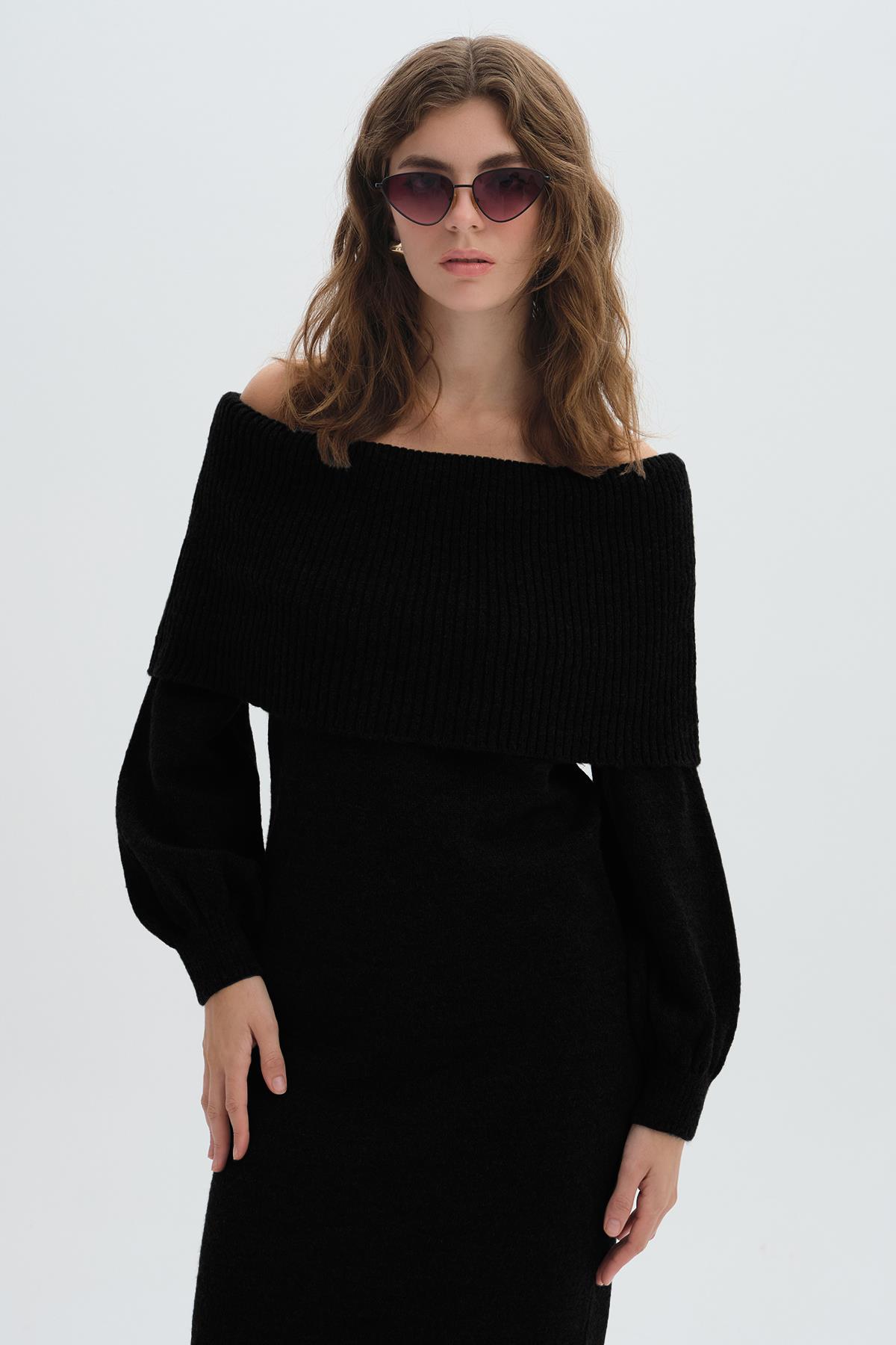 Siyah Şal Yaka Uzun Triko Elbise | Sherin