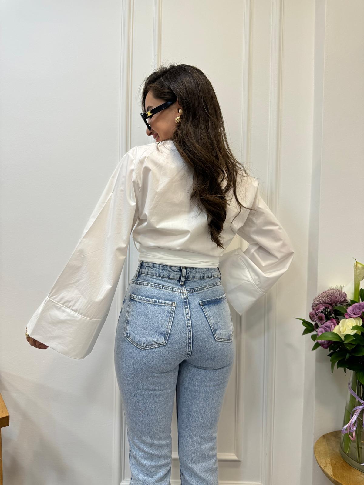 Beyaz İspanyol Kol Bağlama Detaylı Gömlek 3107 | Şenay'ın Butiği