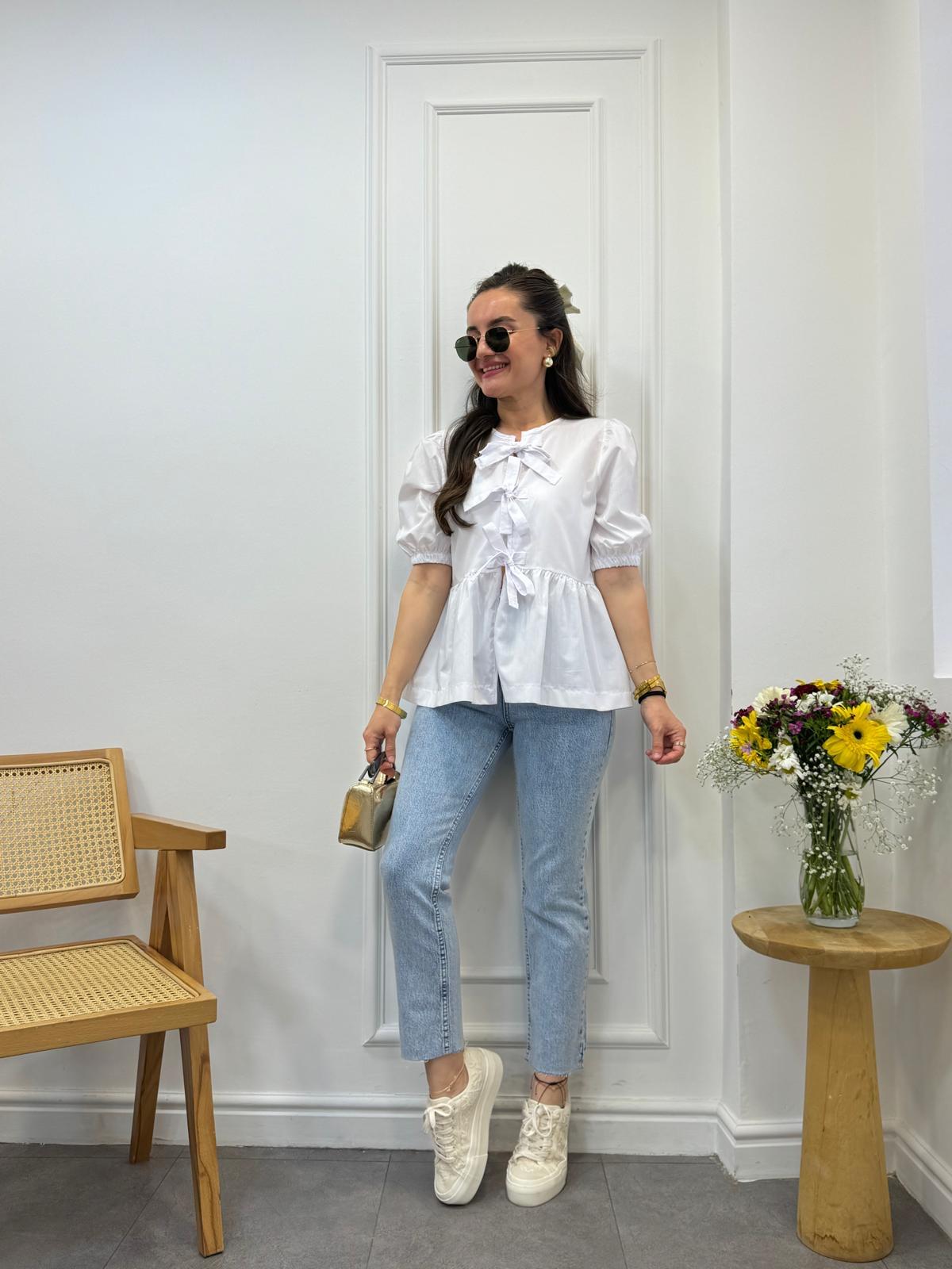 Beyaz Kurdele Bağlamalı Tasarım Bluz 34639 | Şenay'ın Butiği