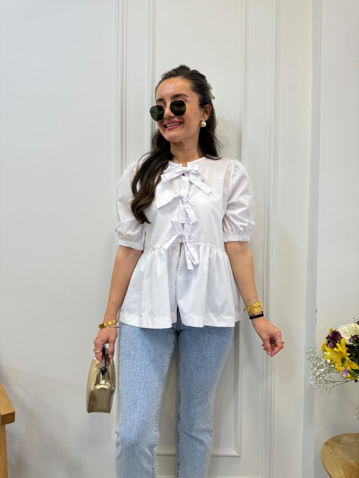 Beyaz Kurdele Bağlamalı Tasarım Bluz 34639 | Şenay'ın Butiği