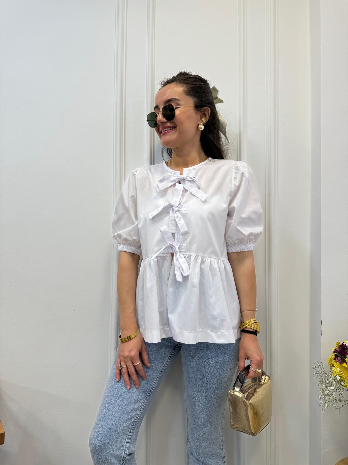 Beyaz Kurdele Bağlamalı Tasarım Bluz 34639 | Şenay'ın Butiği