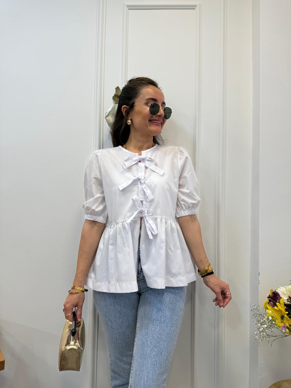 Beyaz Kurdele Bağlamalı Tasarım Bluz 34639 | Şenay'ın Butiği