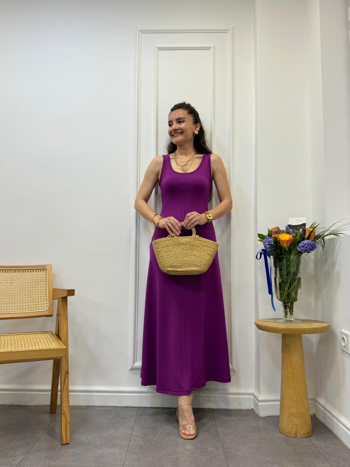 Fuşya Önü Dikişli Askılı Elbise 9098