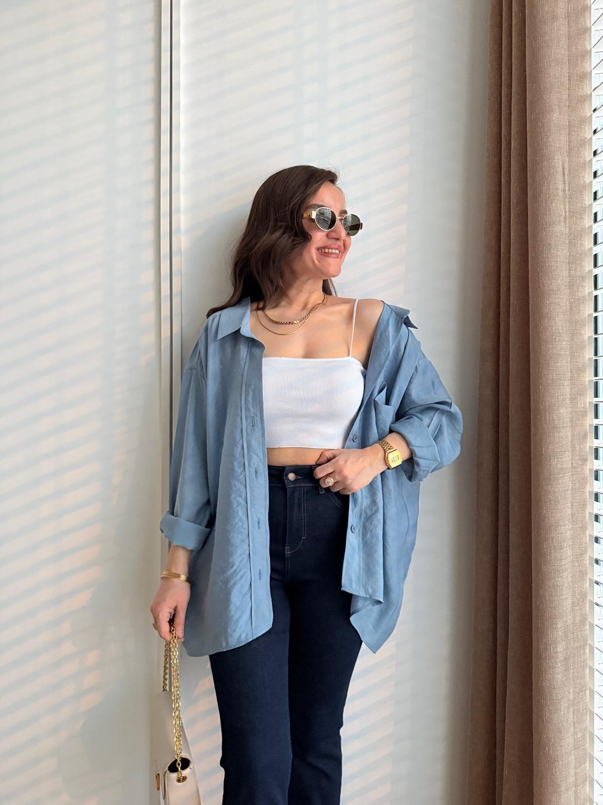 İndigo lüx kalite oversize gömlek 4612 - Şenay'ın Butiği