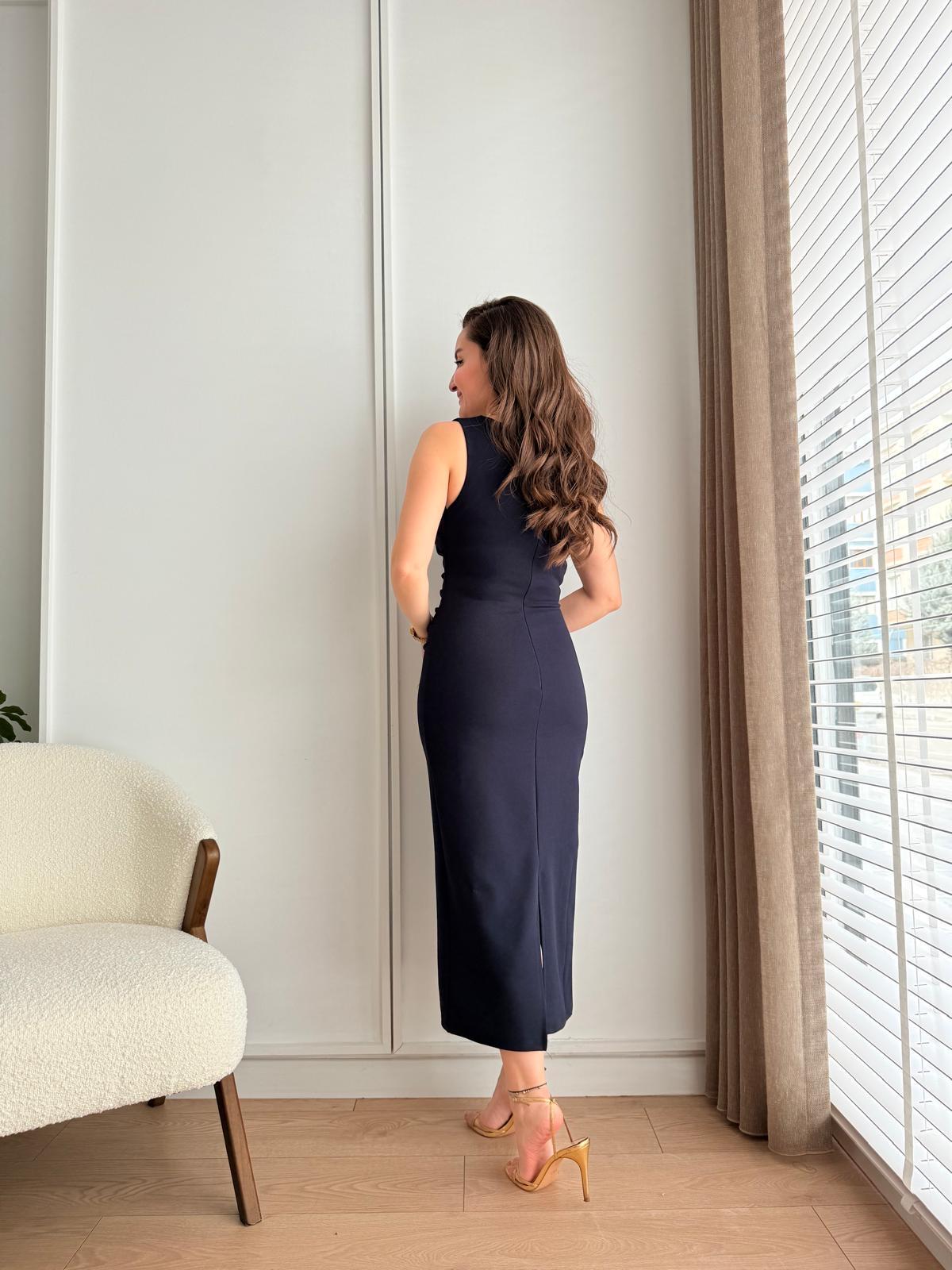 Lacivert Bel Drape Detaylı Yırtmaçlı Elbise 1216