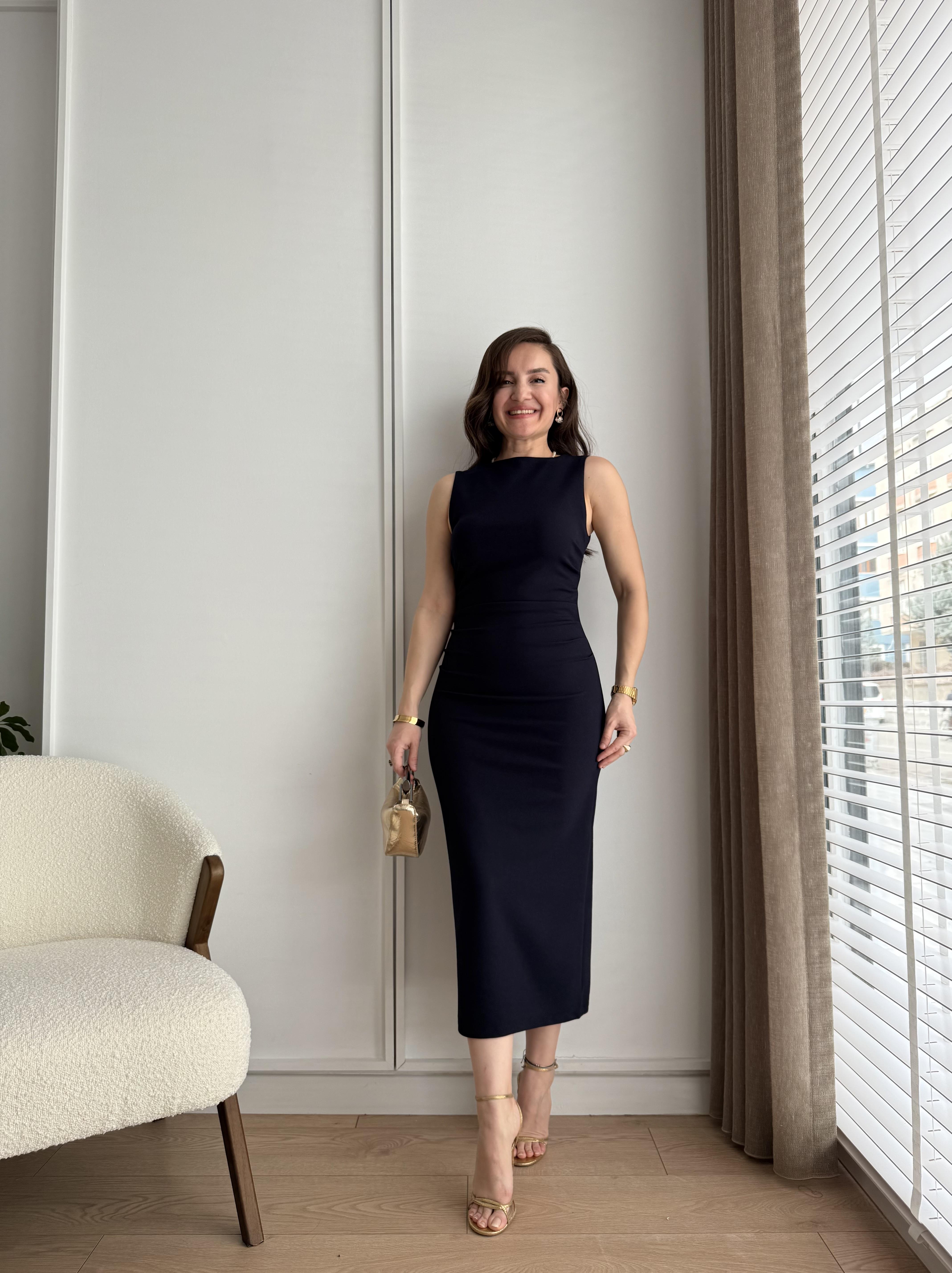 Lacivert Bel Drape Detaylı Yırtmaçlı Elbise 1216