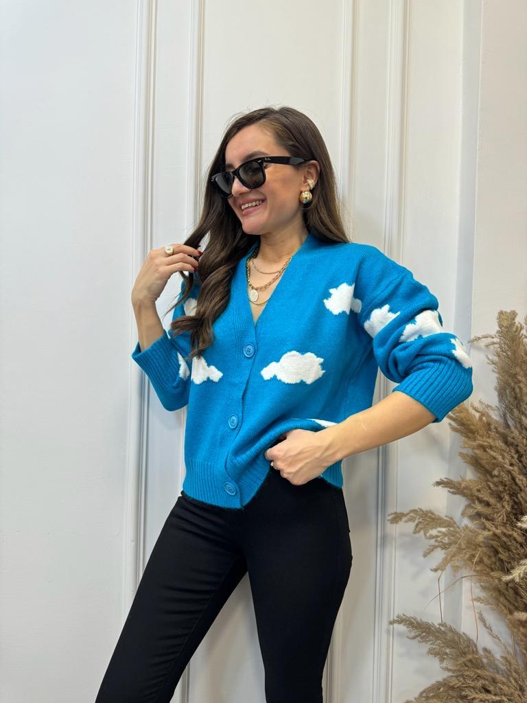 Mavi Bulut Desenli Triko Hırka 0105 | Şenay'ın Butiği