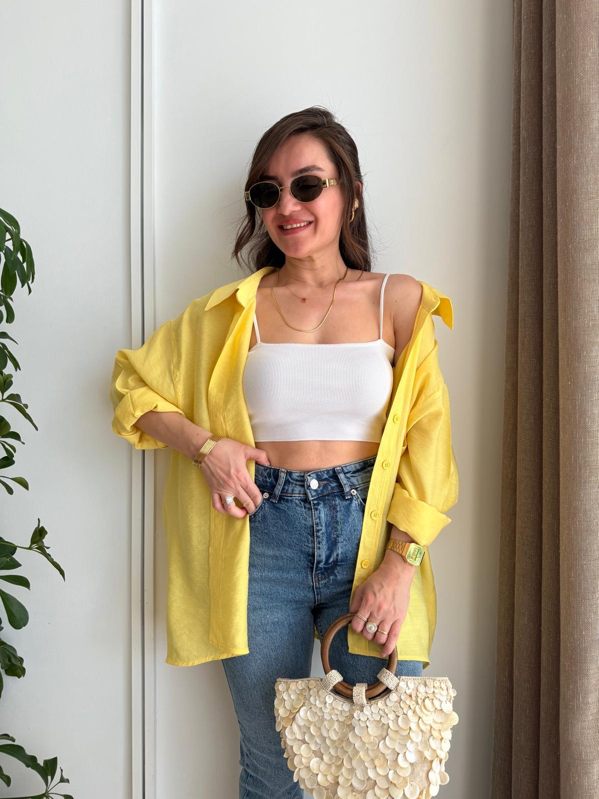 Sarı Lüx Kalite Oversize Gömlek 4612 | Şenay'ın Butiği