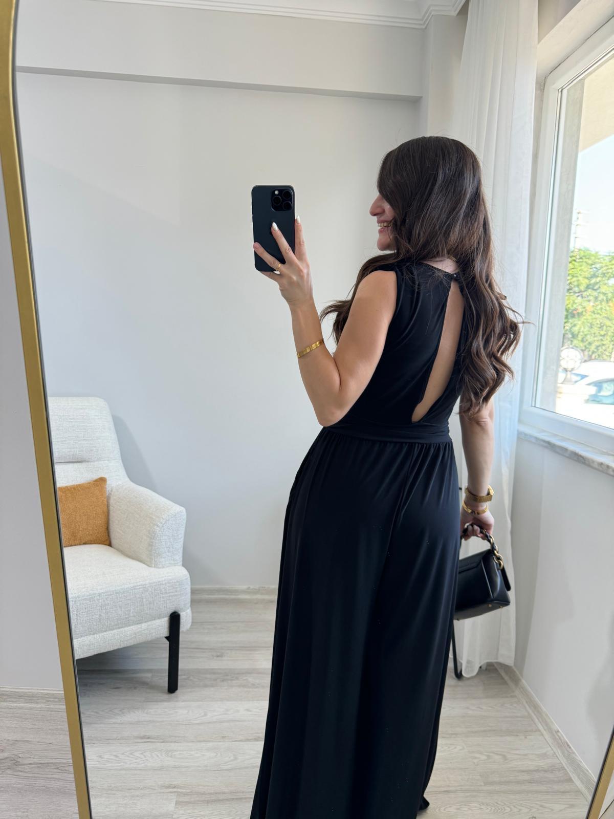 Siyah Bel Drape Detaylı Tulum 9134