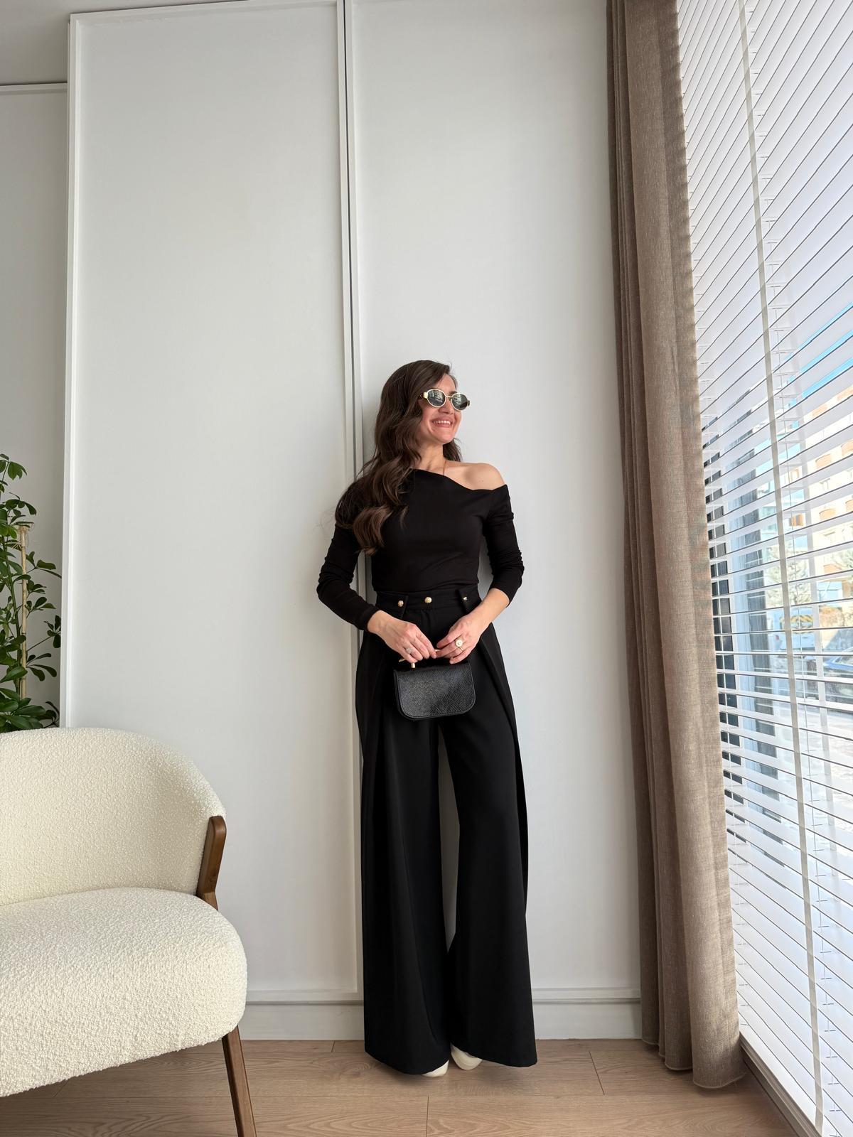 Siyah Gold Düğmeli Tasarım Palazzo Pantolon 1702