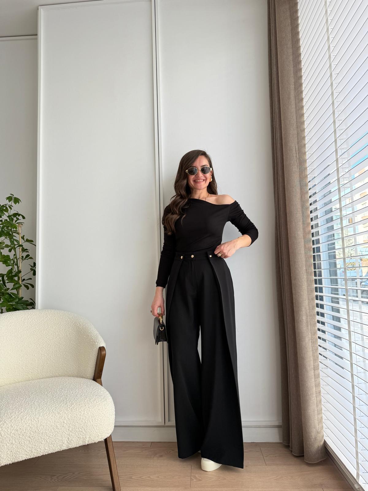 Siyah Gold Düğmeli Tasarım Palazzo Pantolon 1702