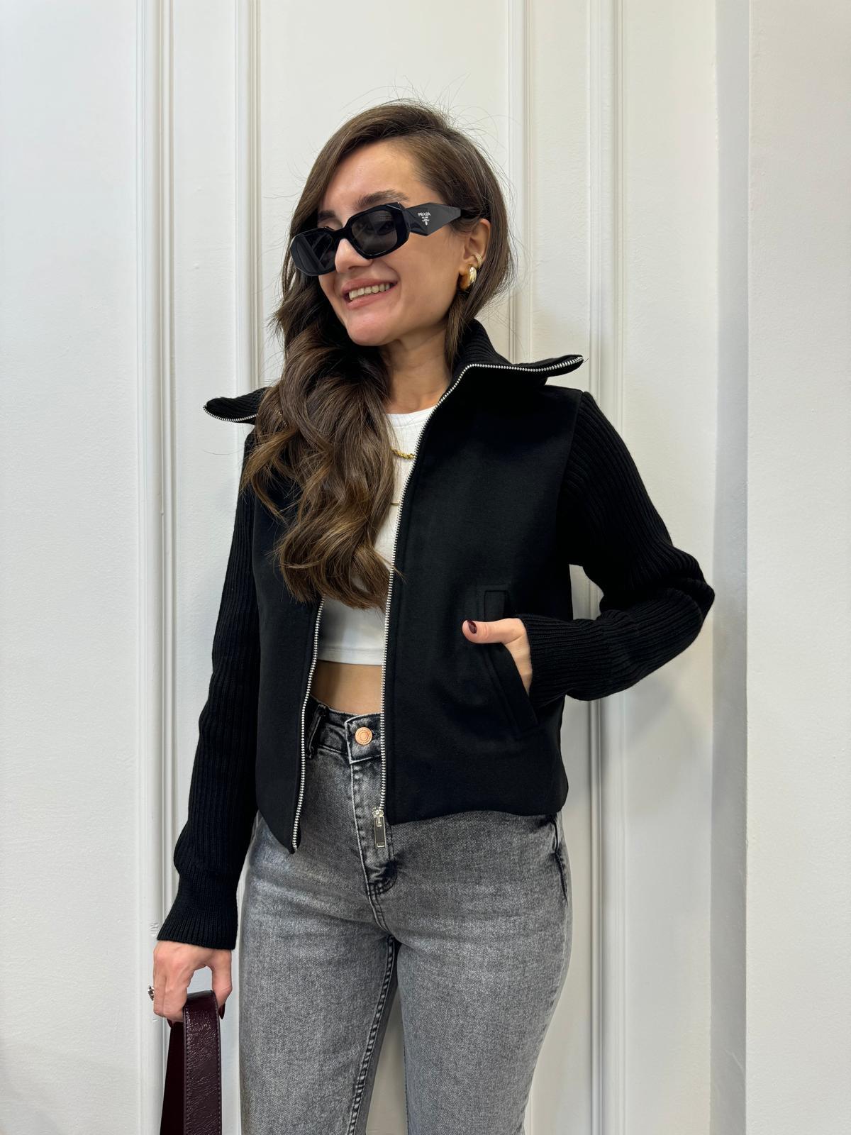 Siyah Örme Kol Fermuarlı Kaşe 580108 - Şenay'ın Butiği