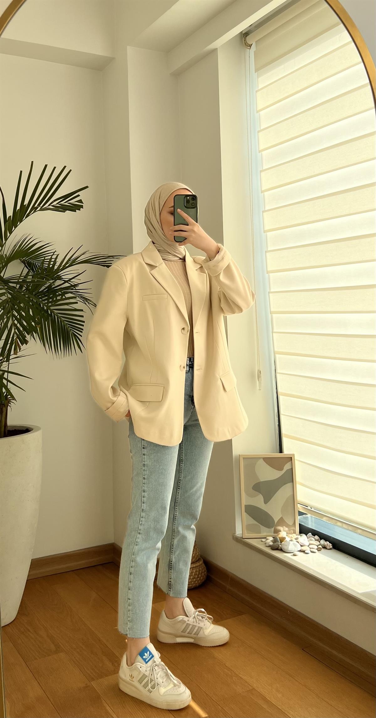 Oversize Kesim Blazer Ceket Bej
