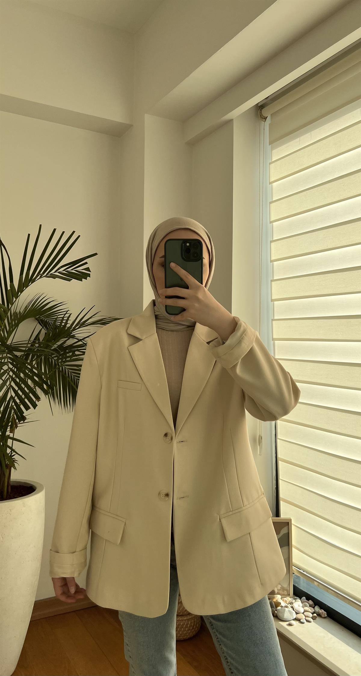 Oversize Kesim Blazer Ceket Bej