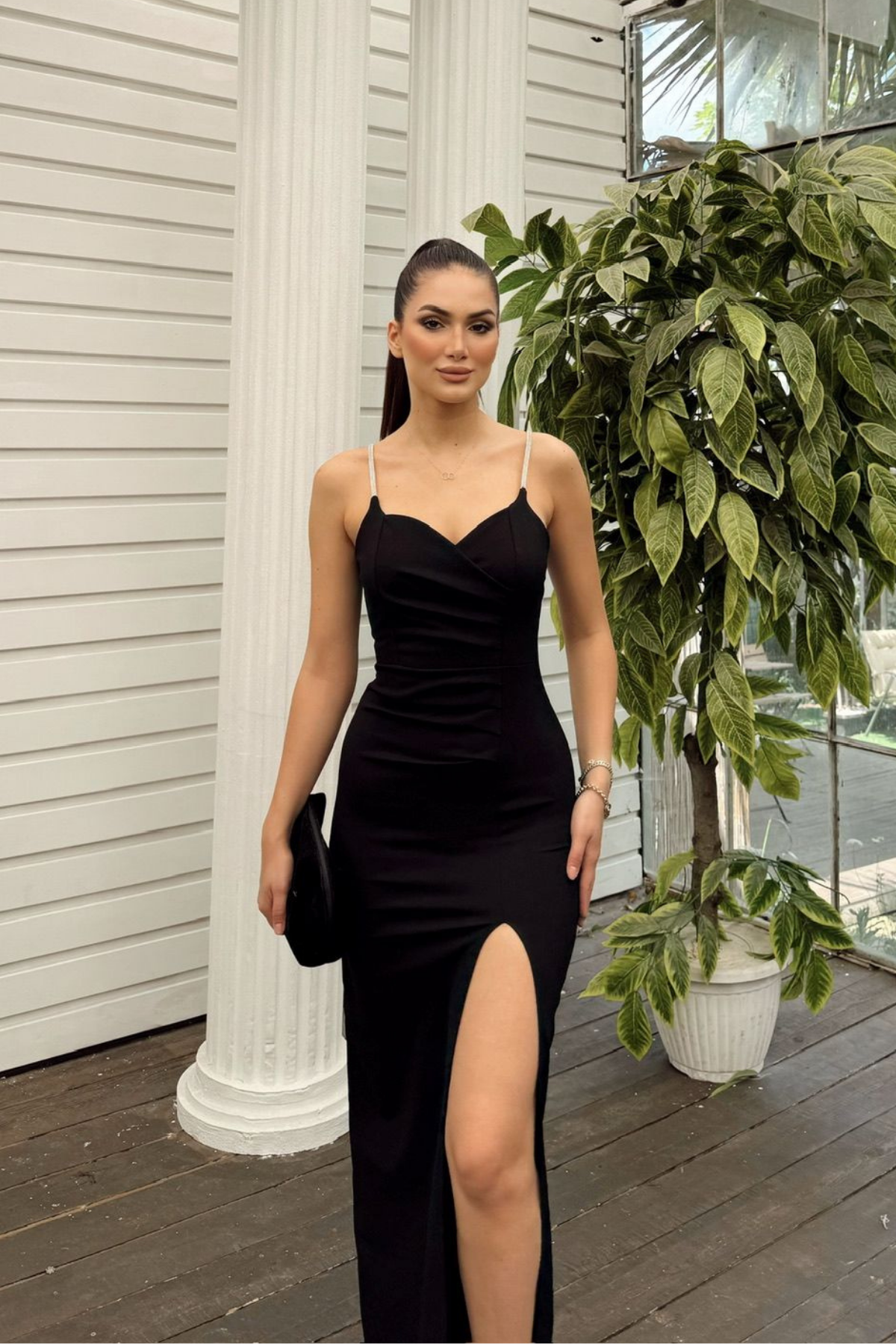 Asiy Aksesuar Askılı Yırtmaç Detay Scuba Abiye 583173 SİYAH