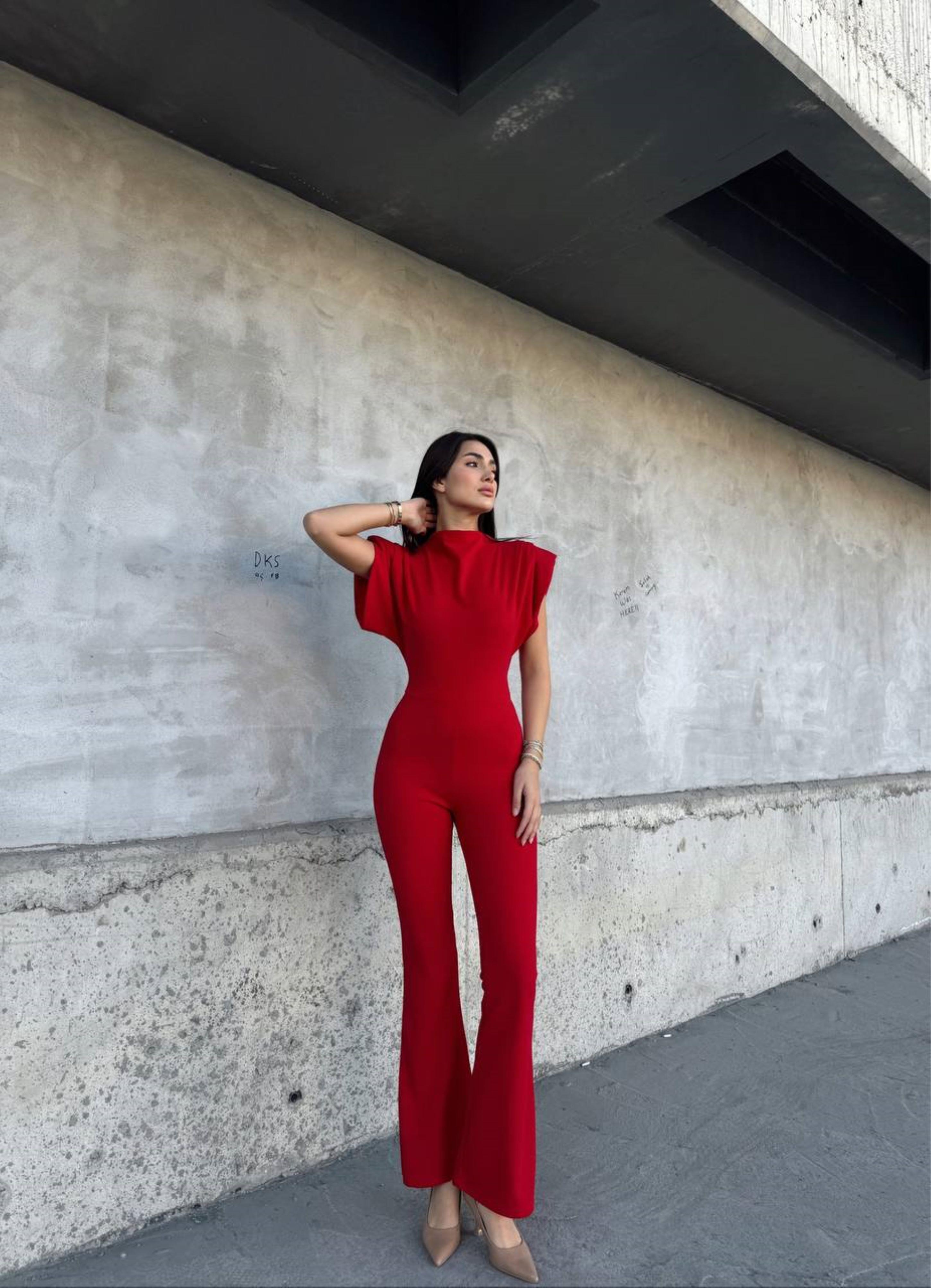 Elif Sırt Detay Vatkalı Tulum 7659 KIRMIZI