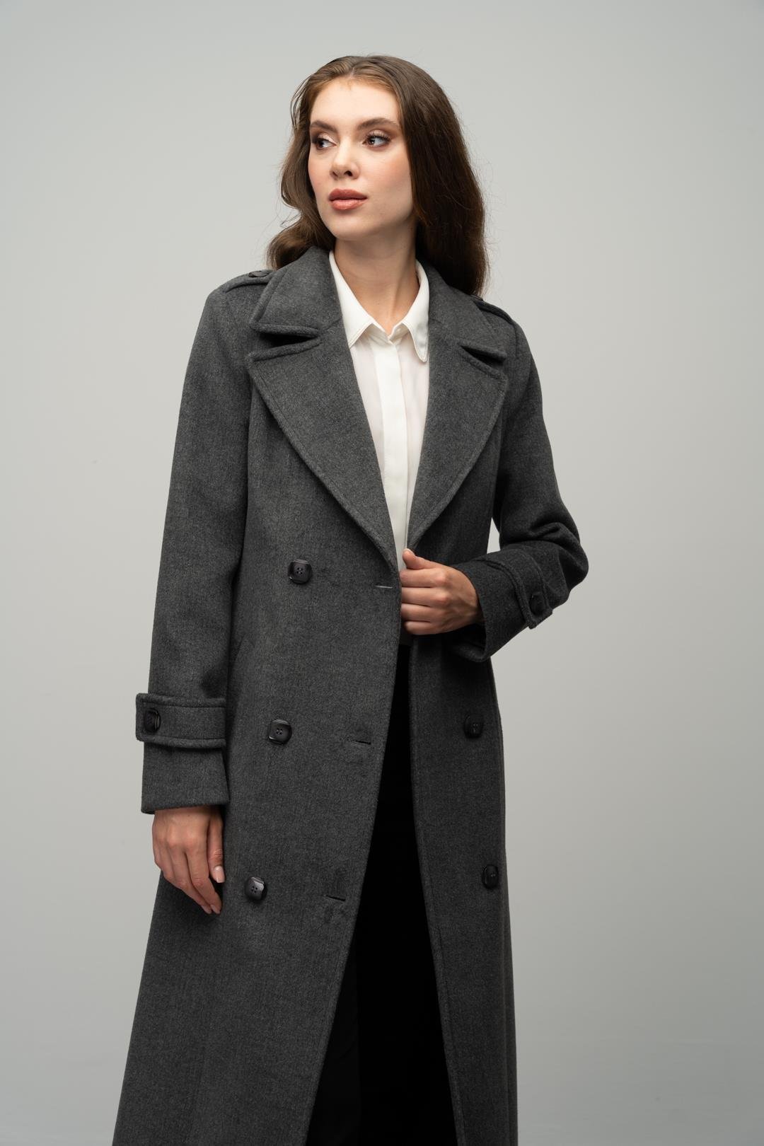 Apolet Detaylı Kruvaze Uzun Boy Kaban KOYU GRİ 3056