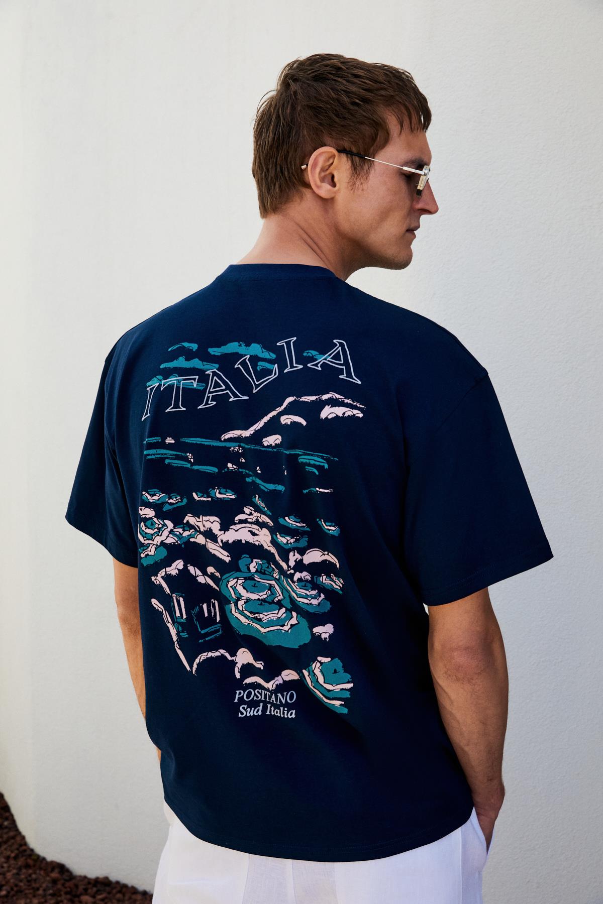 ITALIA Erkek %100 Organik Pamuk Ön Arka Baskı Detaylı Oversize Kısa Kol ...