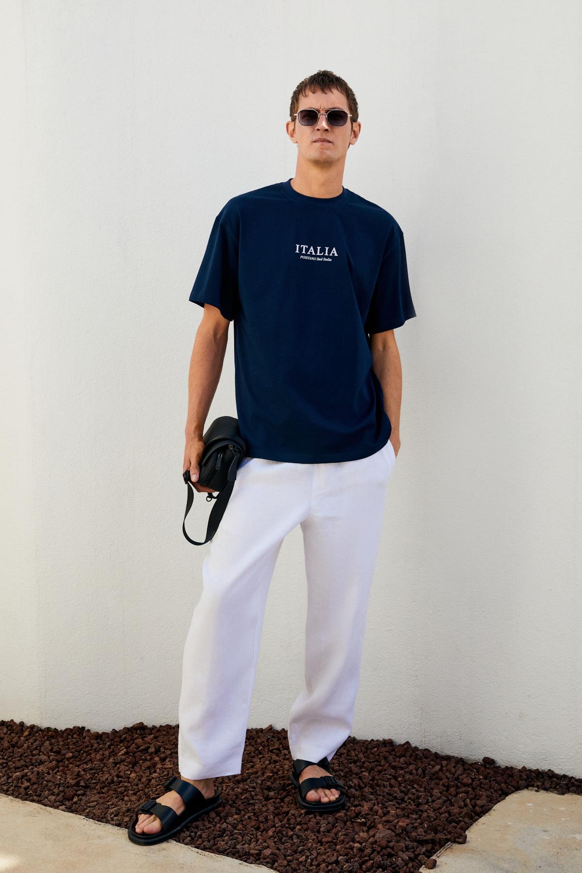 ITALIA Erkek %100 Organik Pamuk Ön Arka Baskı Detaylı Oversize Kısa Kol ...