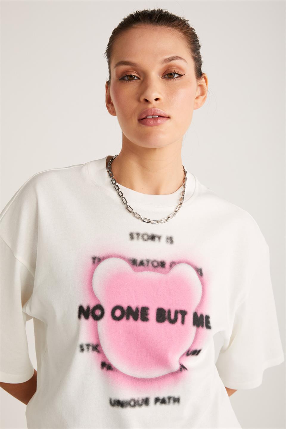 BUG Basic Oversize Ekru Tekli T-Shirt