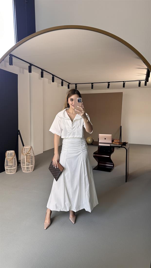 Bel Drapeli Beyaz Poplin Balon Etek - Sezgi Tekin