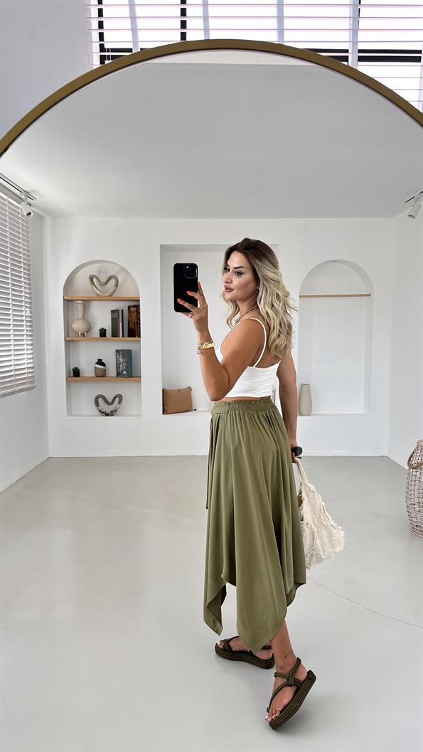 Beli Lastikli Asimetrik Kesim Tensel Haki Etek - Sezgi Tekin
