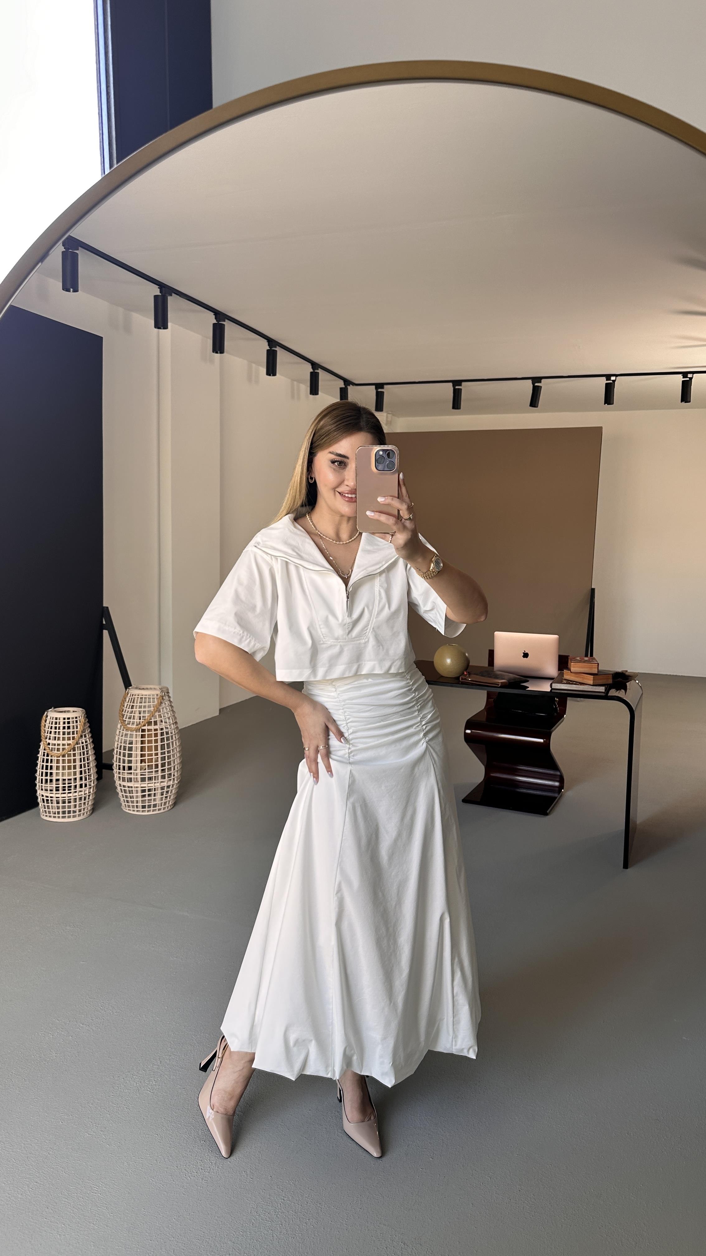 Bel Drapeli Beyaz Poplin Balon Etek - Sezgi Tekin