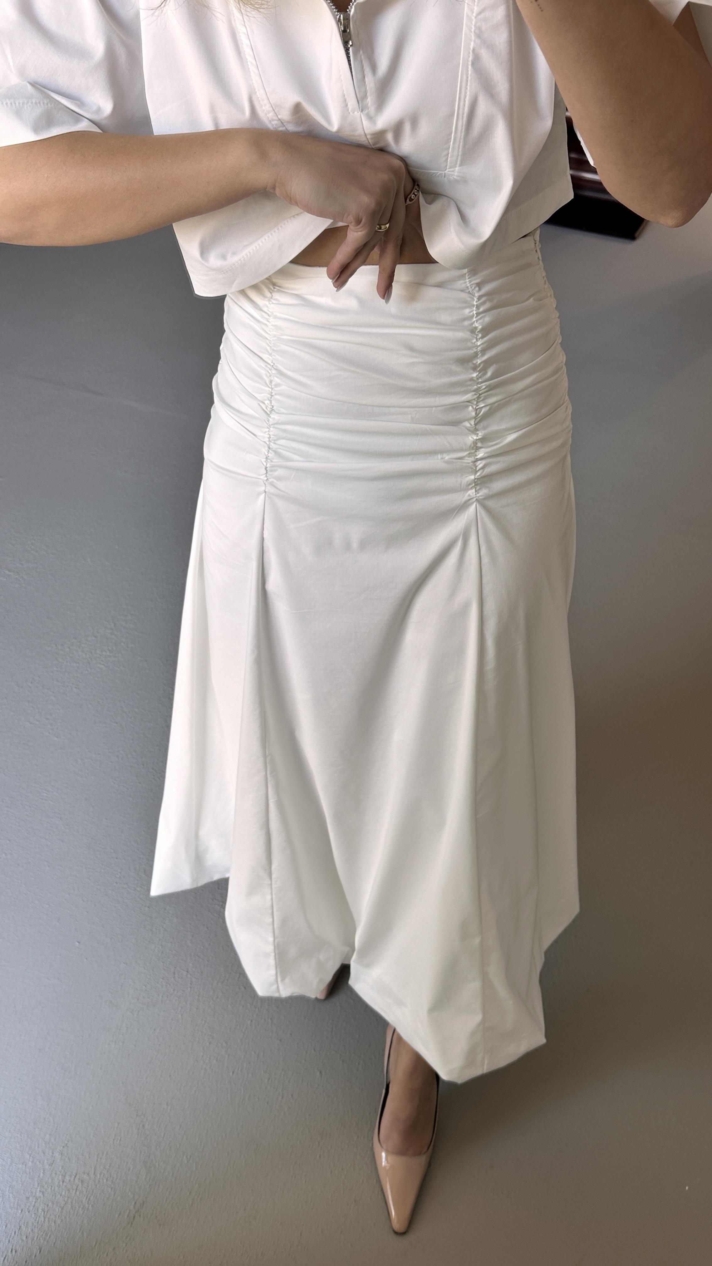 Bel Drapeli Beyaz Poplin Balon Etek - Sezgi Tekin