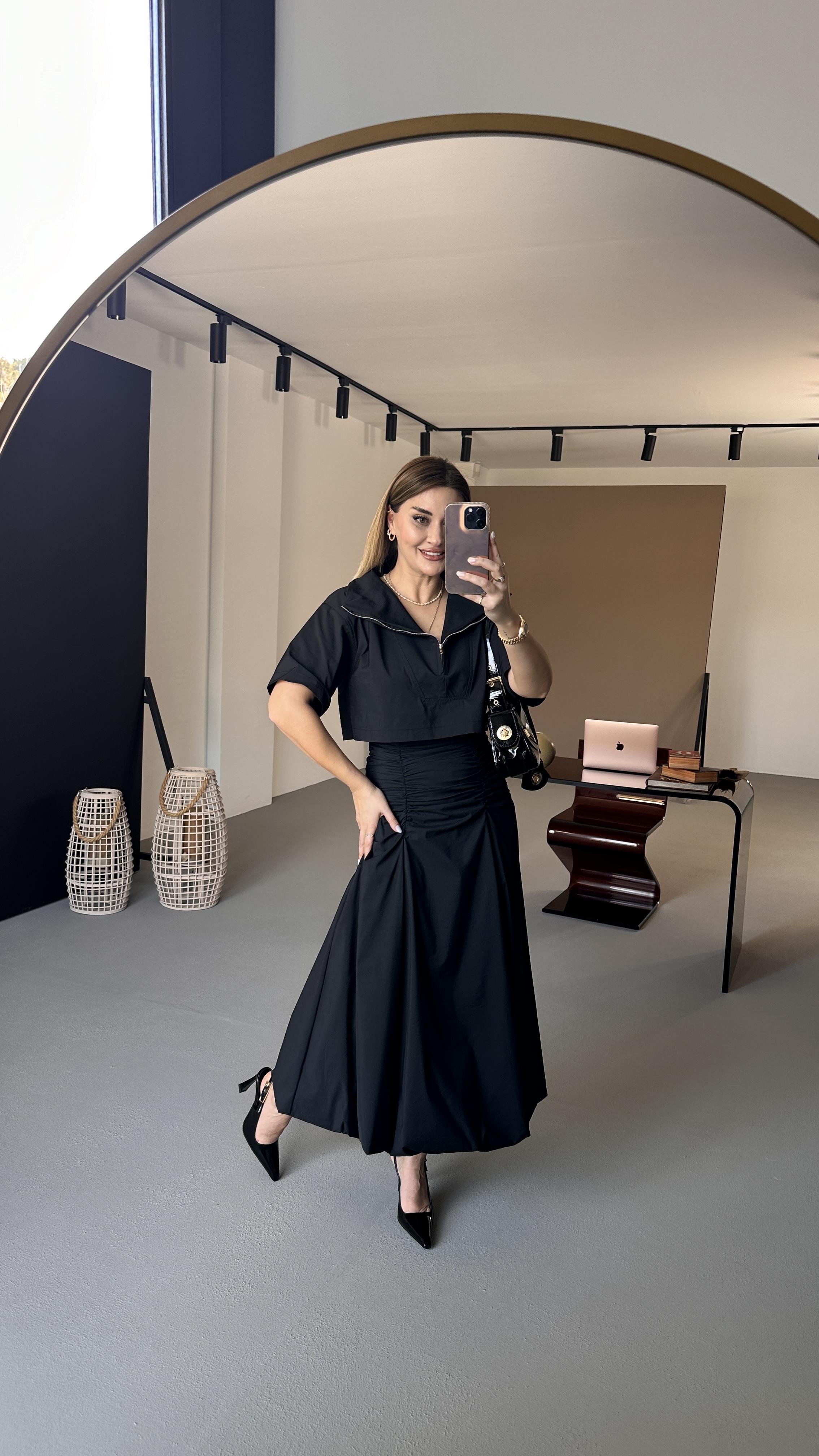 Bel Drapeli Siyah Poplin Balon Etek - Sezgi Tekin