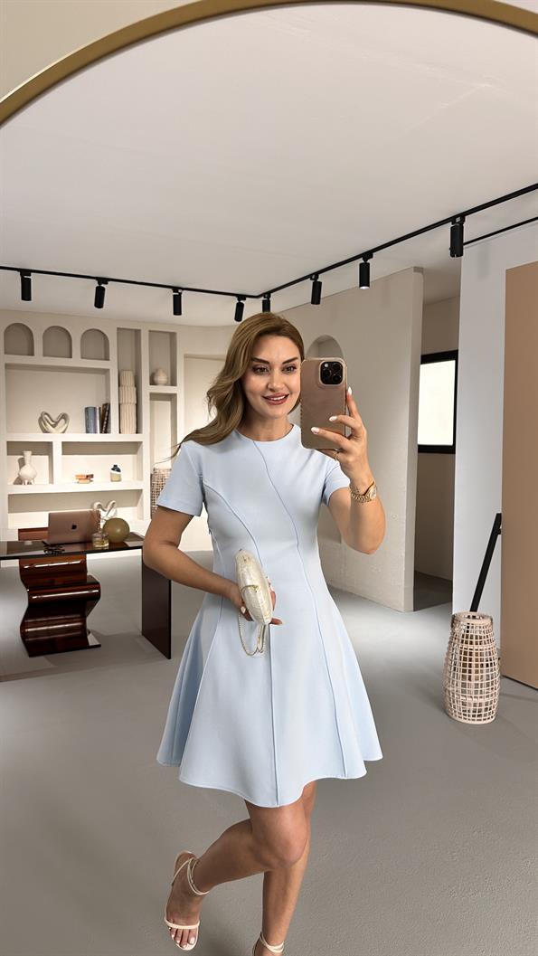 Kısa Kol Biyeli Pastel Mavi Çan Elbise - Sezgi Tekin