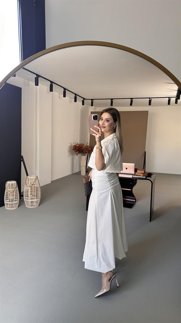 Bel Drapeli Beyaz Poplin Balon Etek - Sezgi Tekin