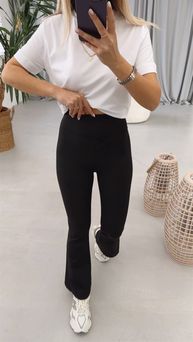 Fitilli İspanyol Paça Siyah Tayt - Sezgi Tekin