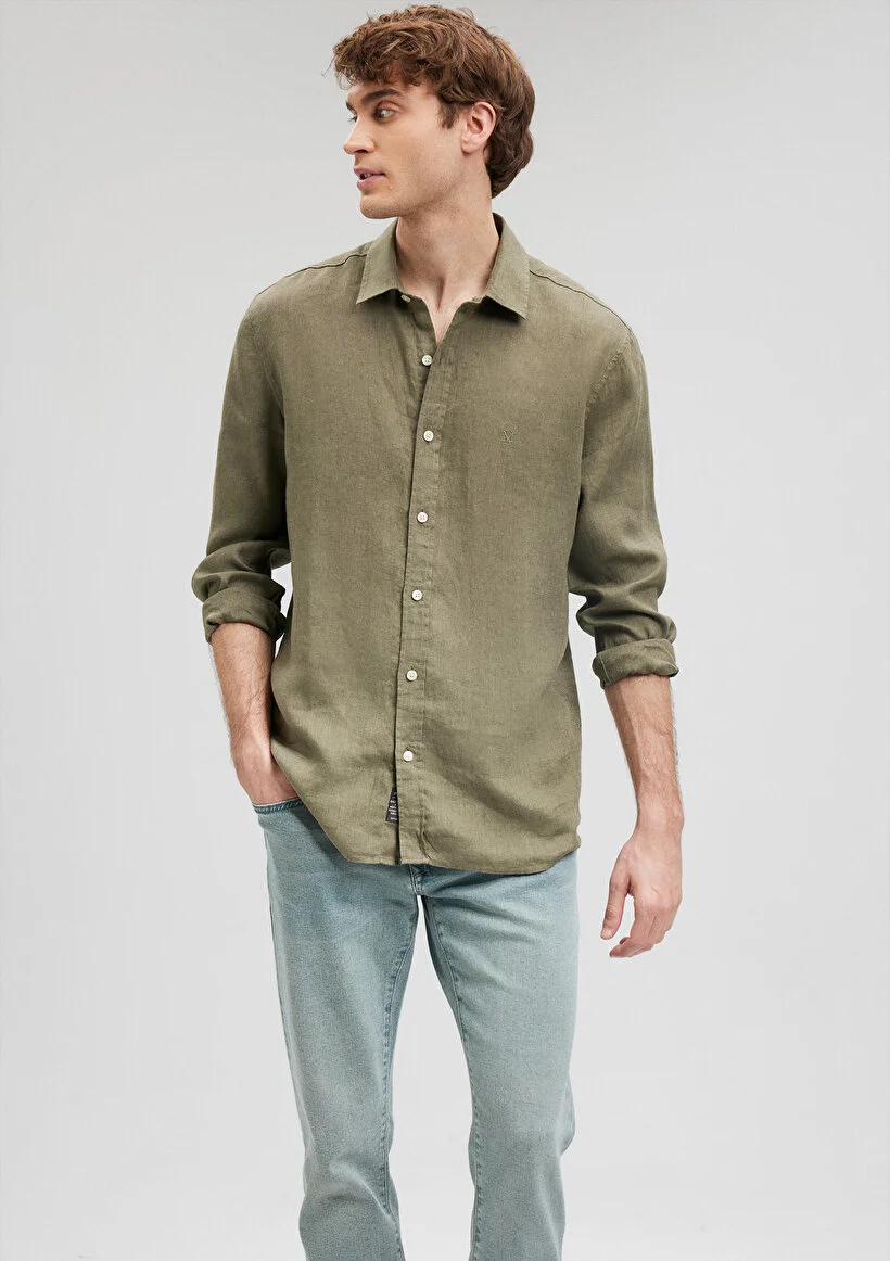Erkek Haki Yeşil M021190-86627 Keten Gömlek | Pranga Giyim