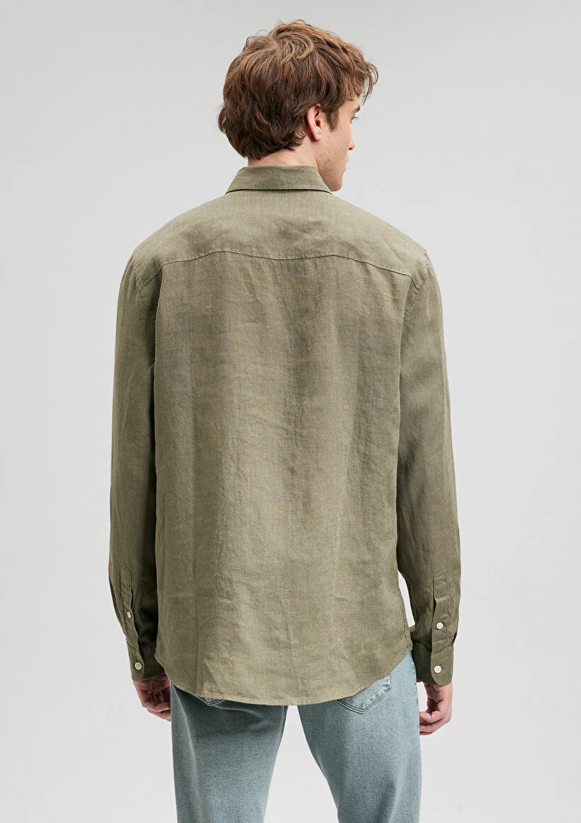 Erkek Haki Yeşil M021190-86627 Keten Gömlek | Pranga Giyim