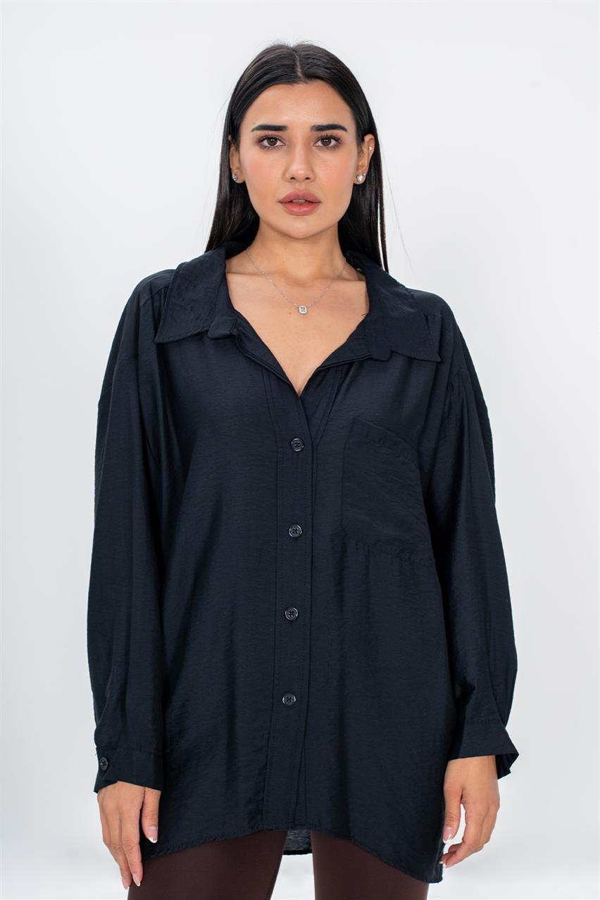 Kadın Siyah Oversize Fakir Kol Gömlek | Pranga Giyim