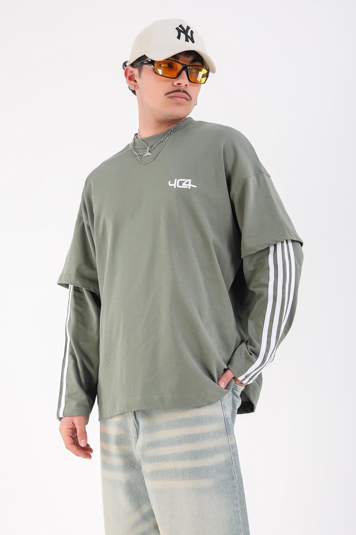 Şerit Detay Haki Oversize Uzun Kol Tshirt - Jr.crime